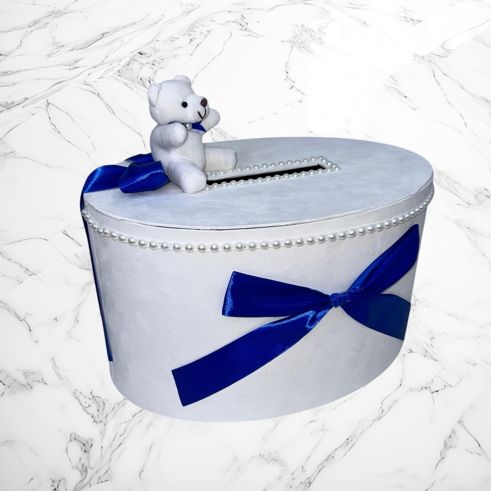 Cutie de dar baieti cu ursulet si funda albastra