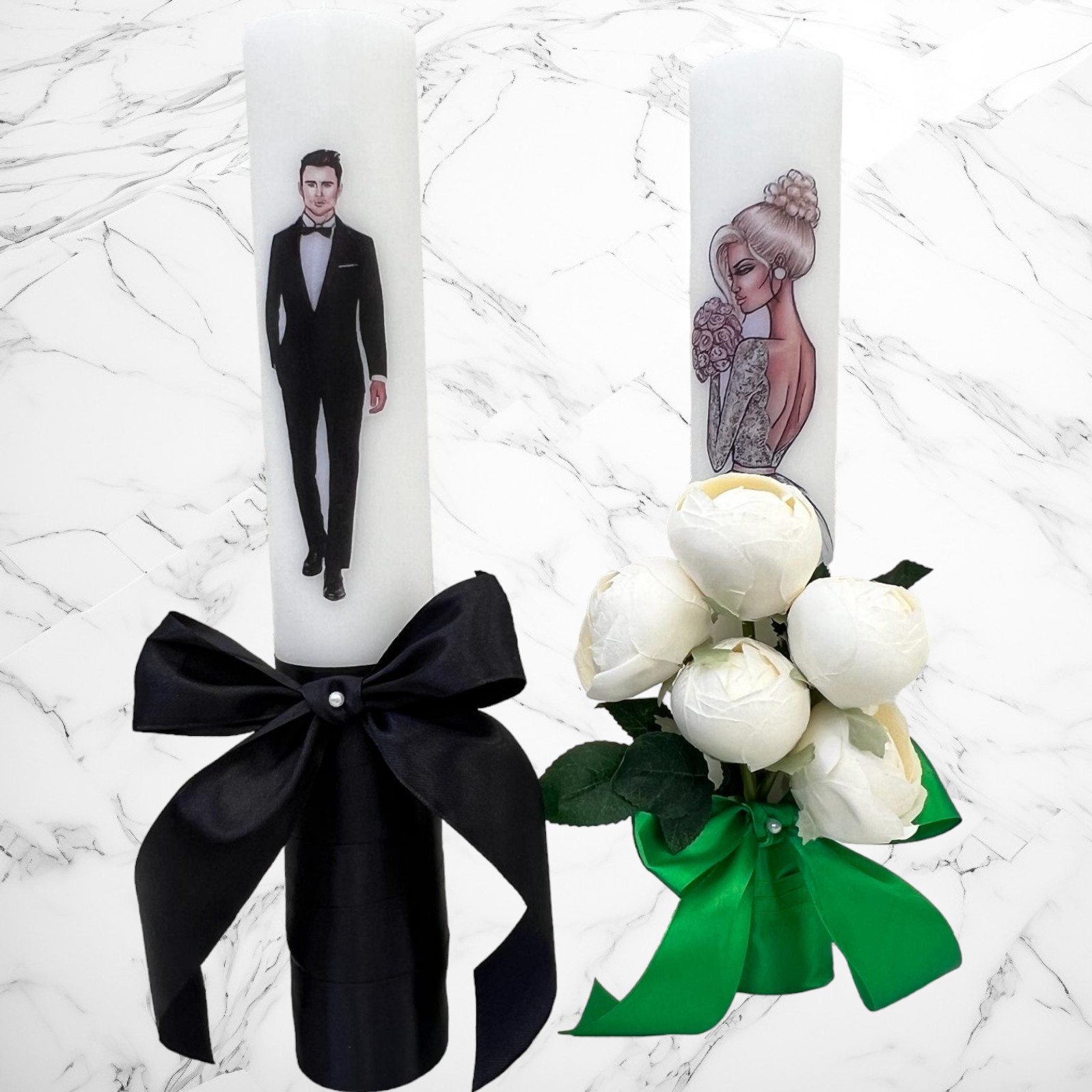 Set lumanari nunta mireasa blonda cu decor verde smarald