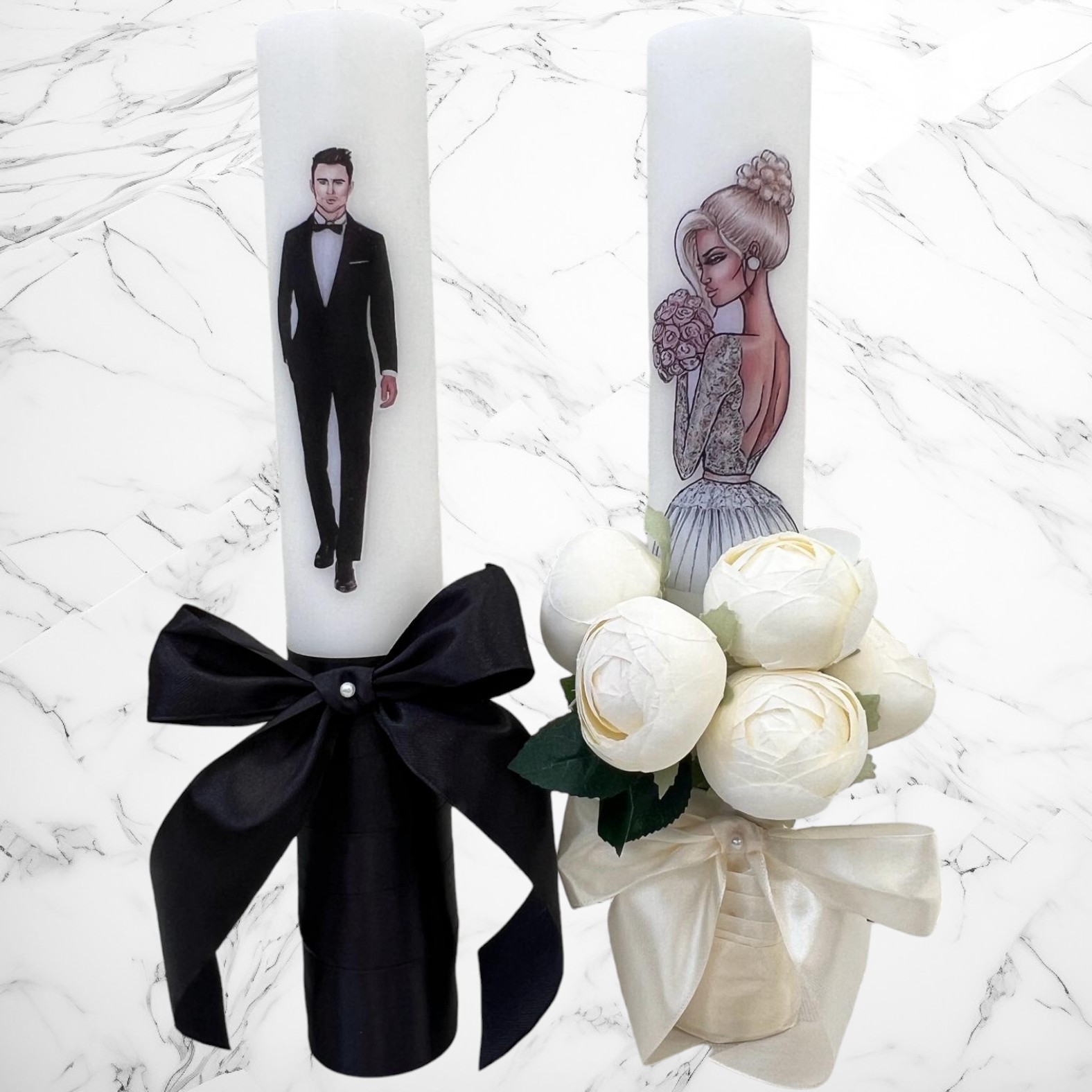 Set lumanari nunta mireasa blonda cu decor ivory