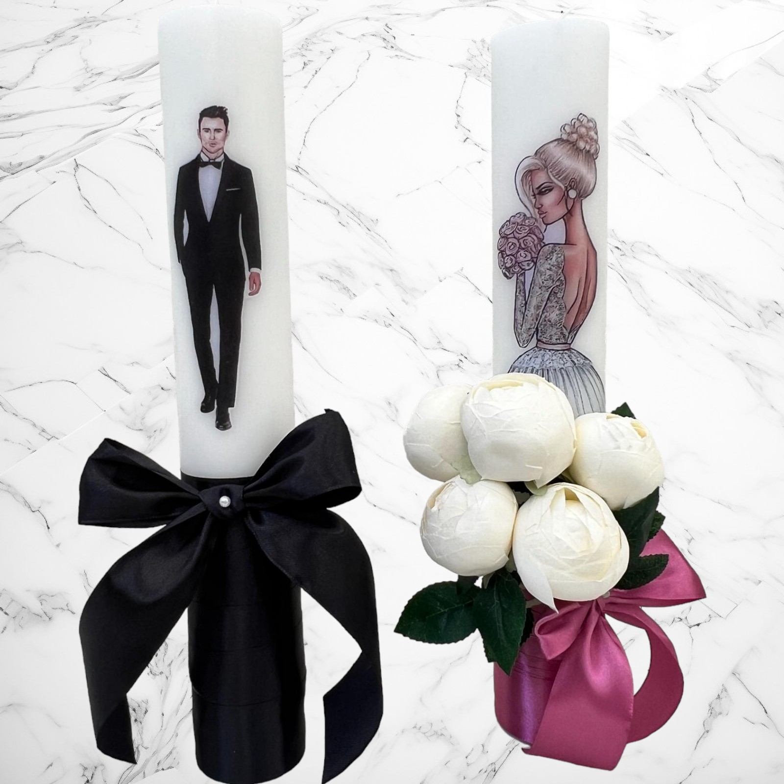 Set lumanari nunta mireasa blonda cu decor roz pudra