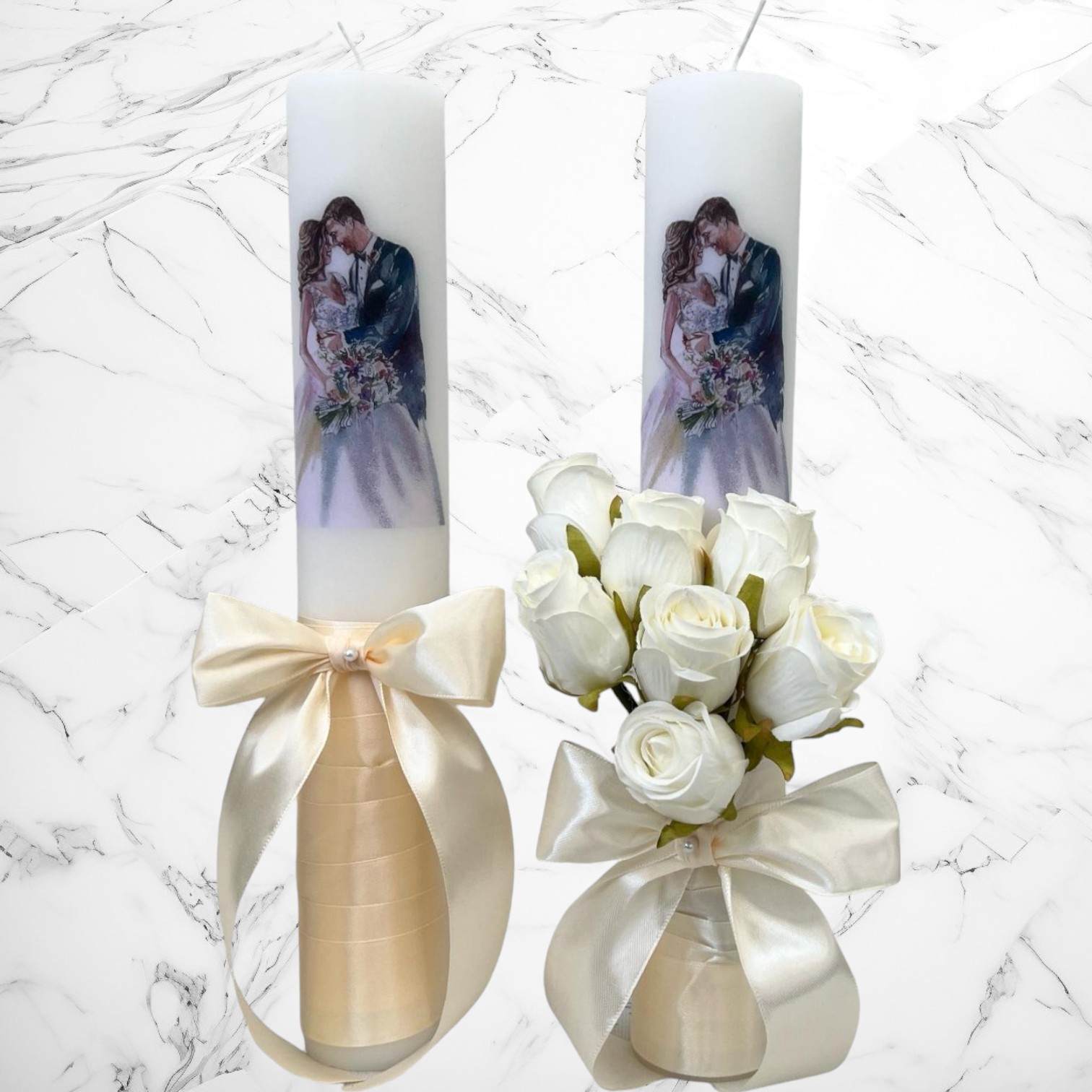 Set lumanari nunta miri pictati cu decor ivory