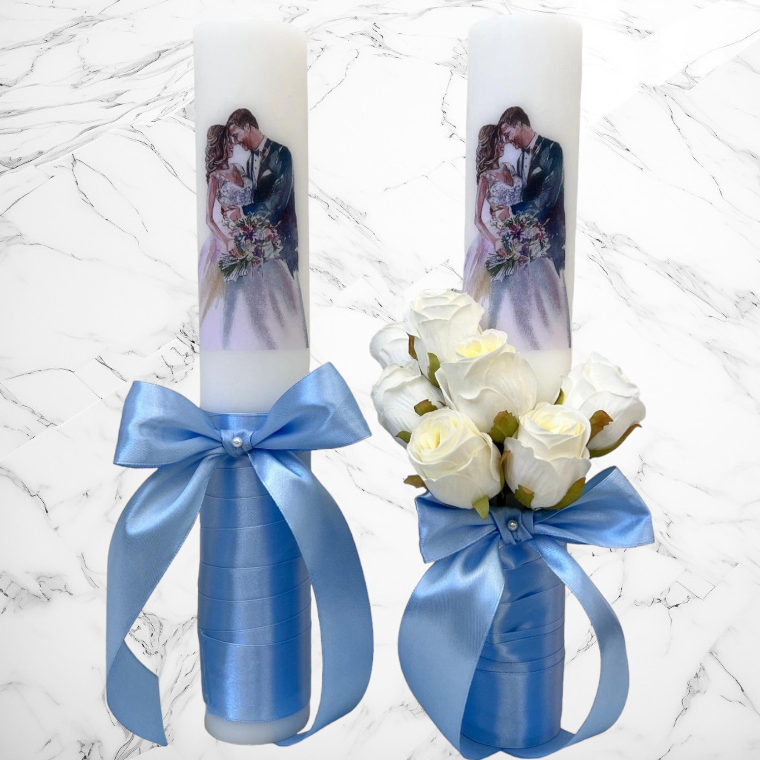 Set lumanari nunta miri pictati cu decor bleu