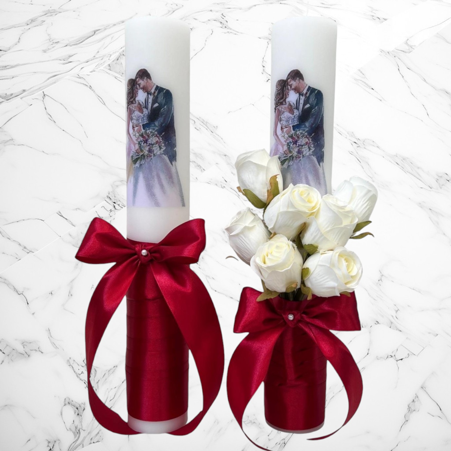 Set lumanari nunta miri pictati cu decor grena deschis