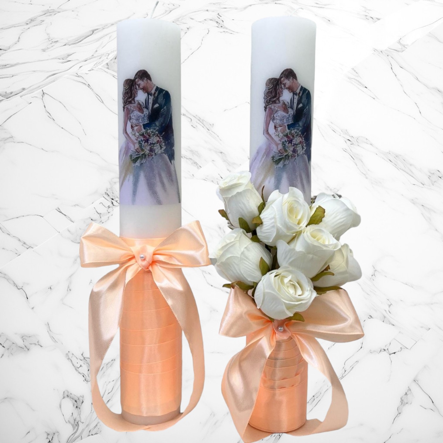 Set lumanari nunta miri pictati cu decor peach fuzz