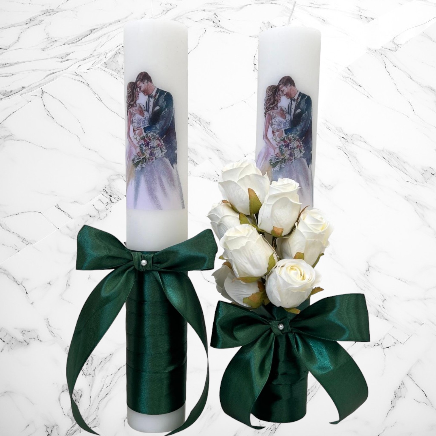 Set lumanari nunta miri pictati cu decor verde inchis