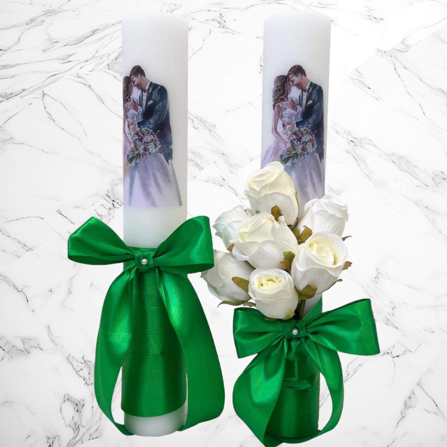 Set lumanari nunta miri pictati cu decor verde