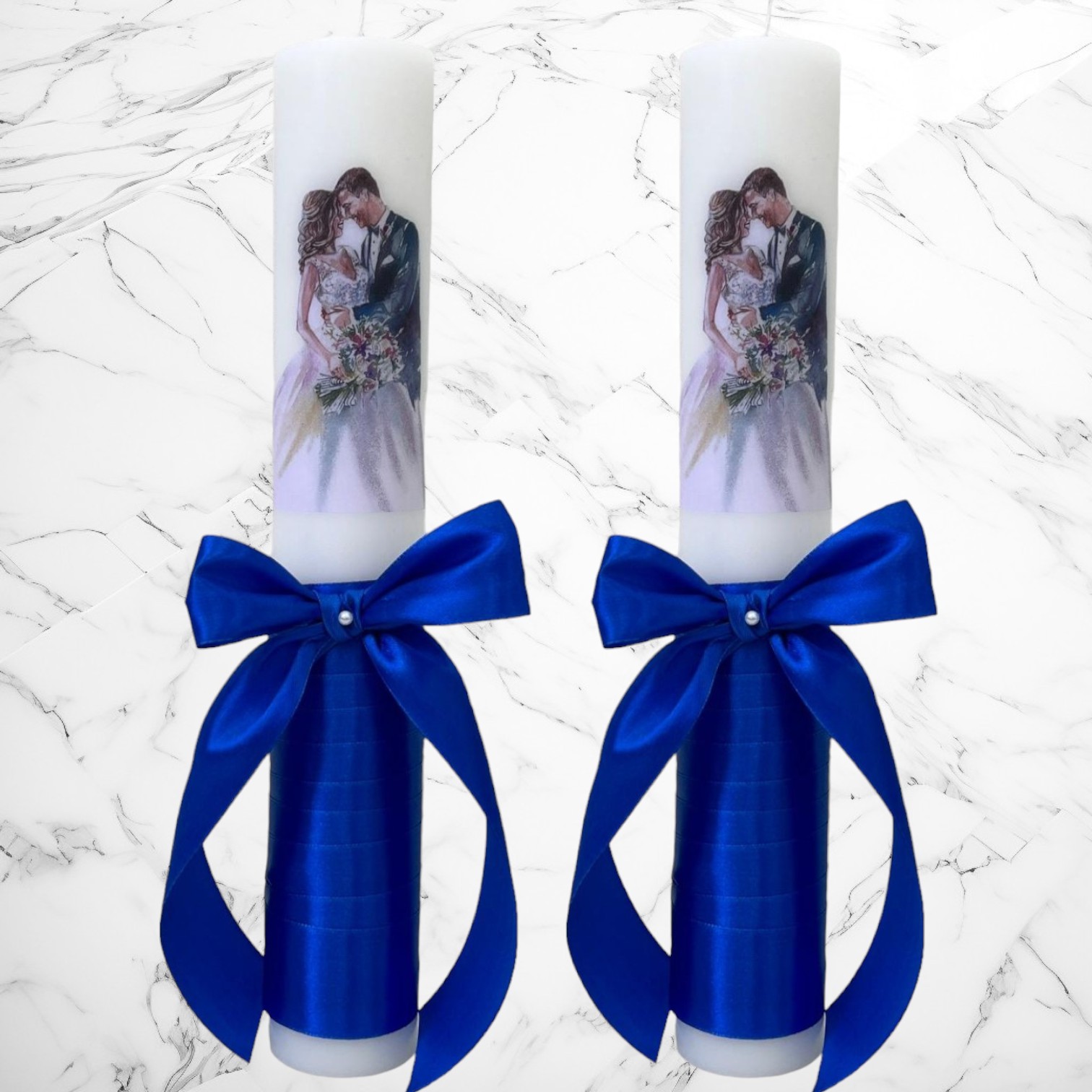 Set lumanari nunta miri pictati cu decor albastru