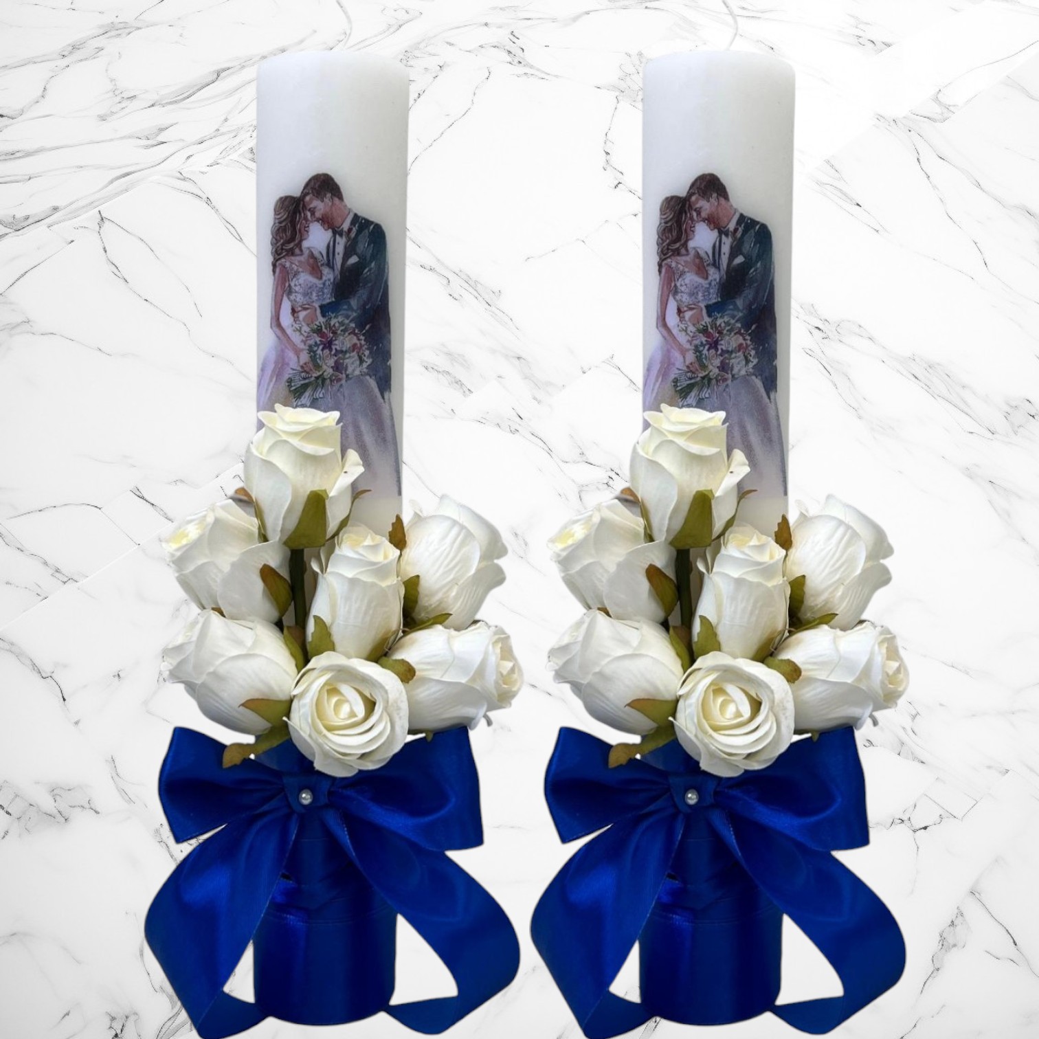 Set lumanari nunta miri pictati cu decor albastru